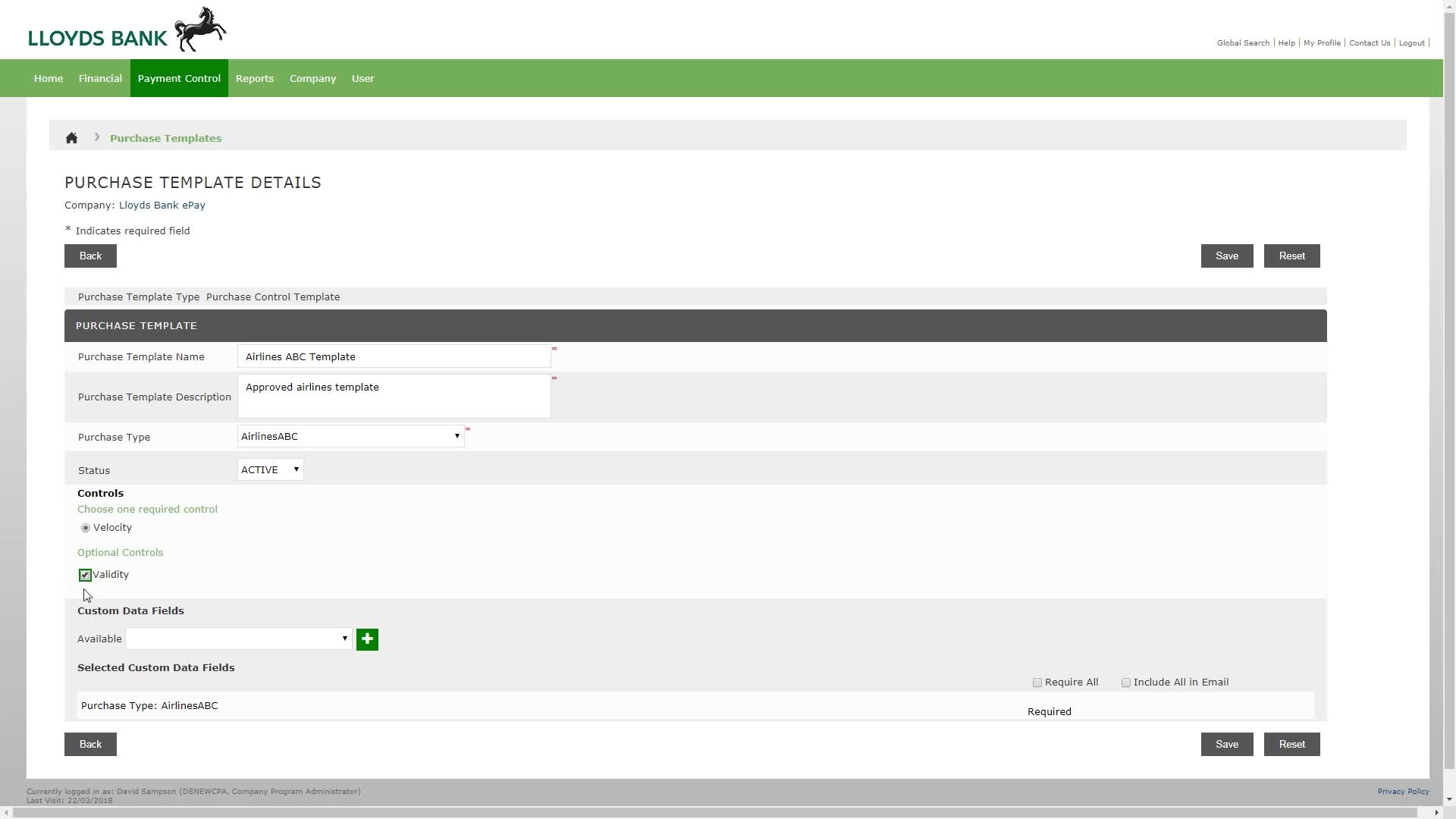 Lloyds - E-Pay - Purchase Template Setup